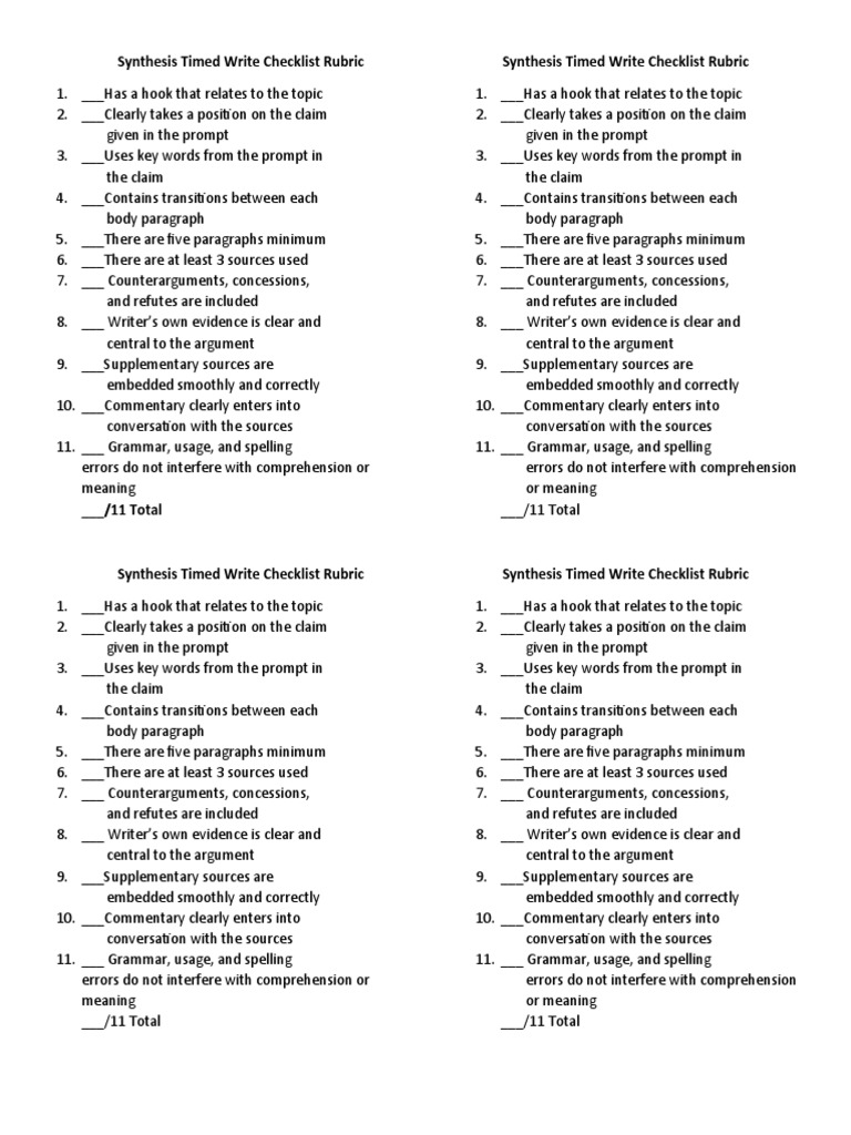 Synthesis Timed Write Checklist Rubric | PDF | Cognitive Science | Human Communication
