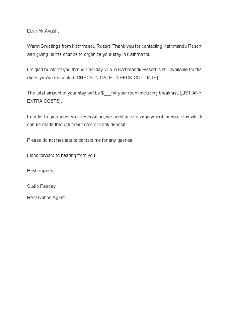 Sample Reservation Confirmation Letter | PDF | Fee | Hotel And ...