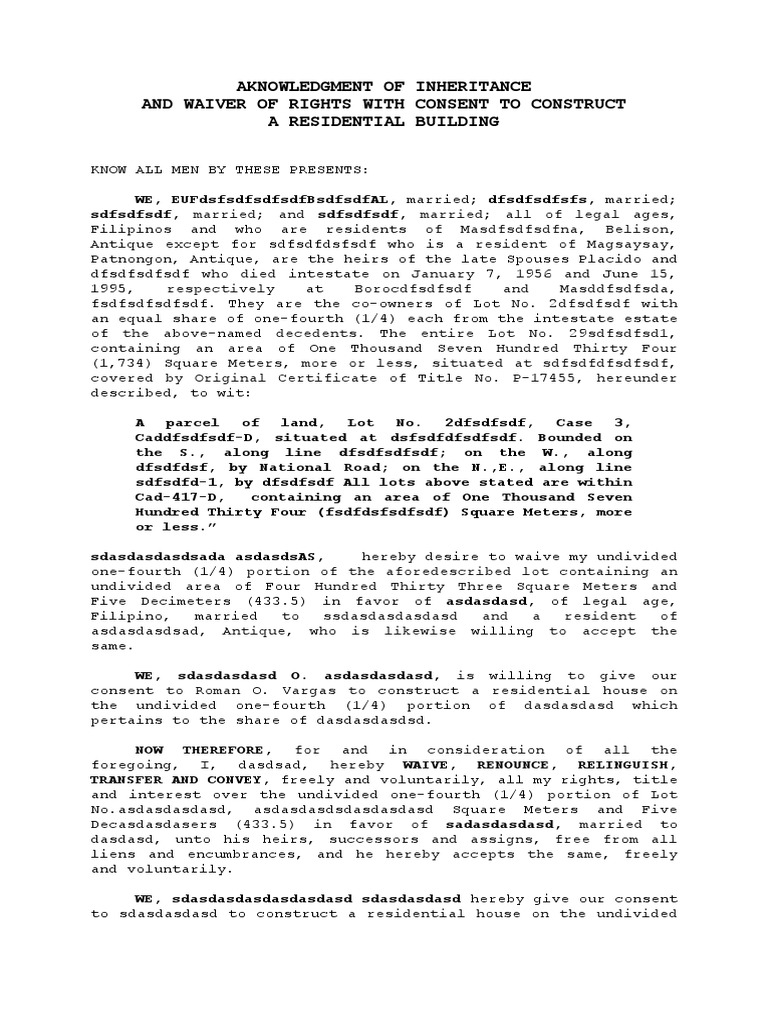 Acknowledgment of Inheritance and Waiver of Rights With Consent To ...