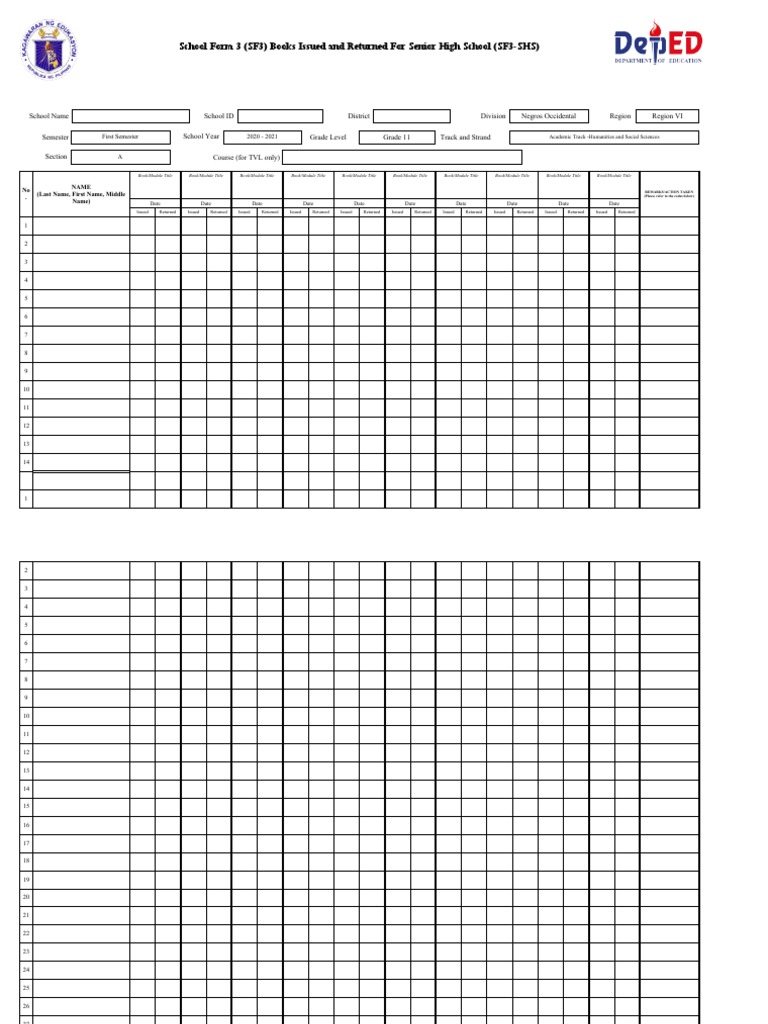 School Form 3 (SF3) Books Issued and Returned For Senior High School ...