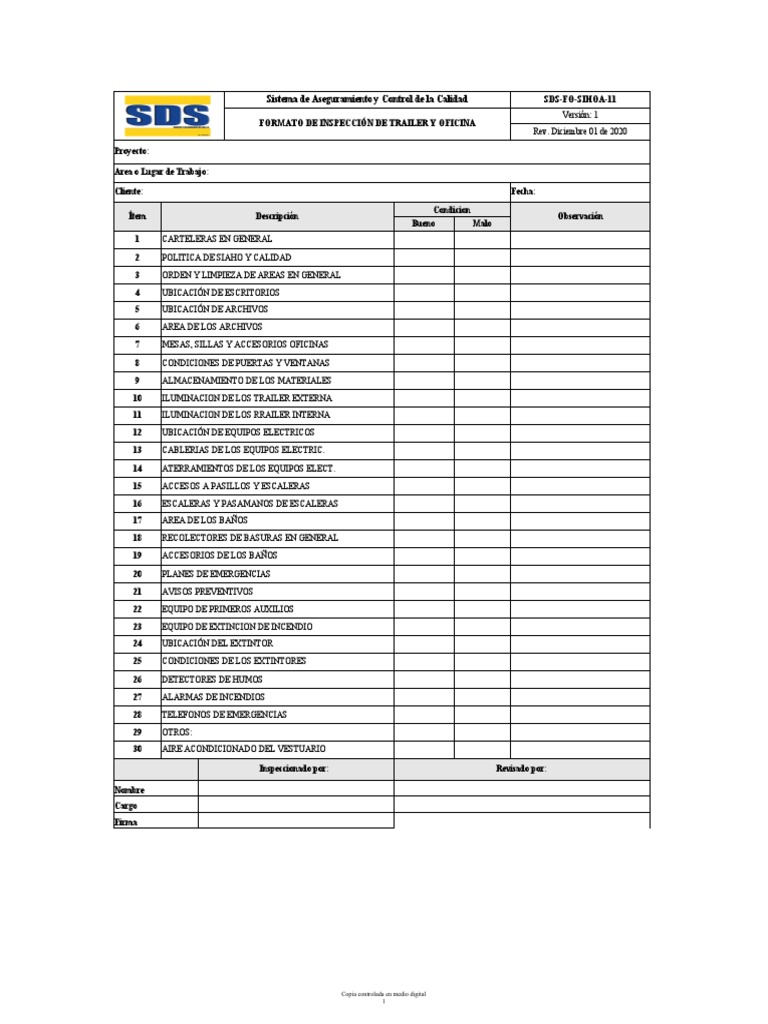 SDS-FO-SIHOA-11 Formato de Inspección de Trailer y Oficina | PDF ...