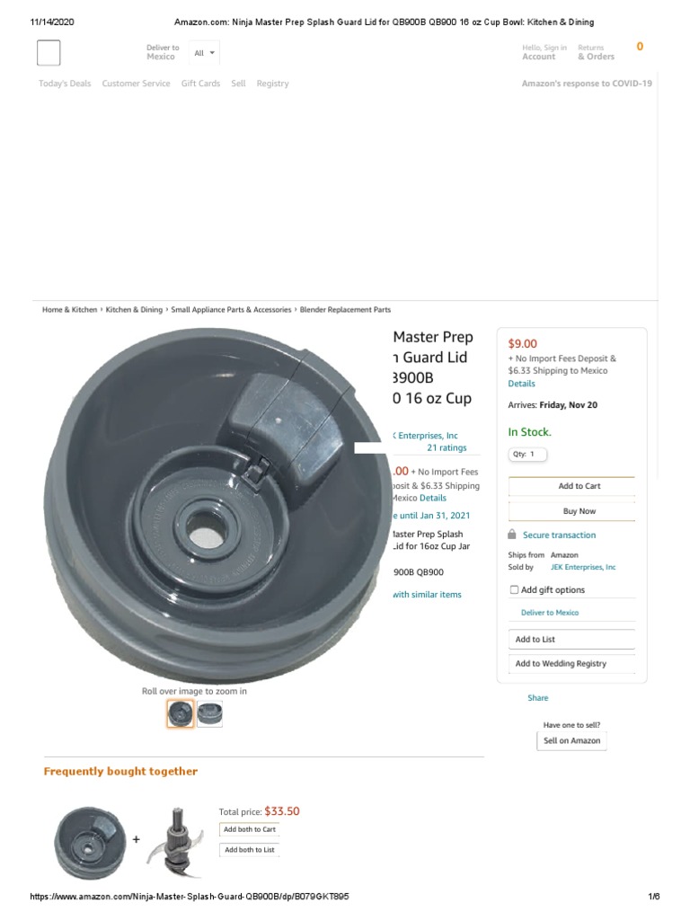 Ninja Master Prep Splash Guard Lid For QB900B QB900 16 Oz Cup Bowl ...