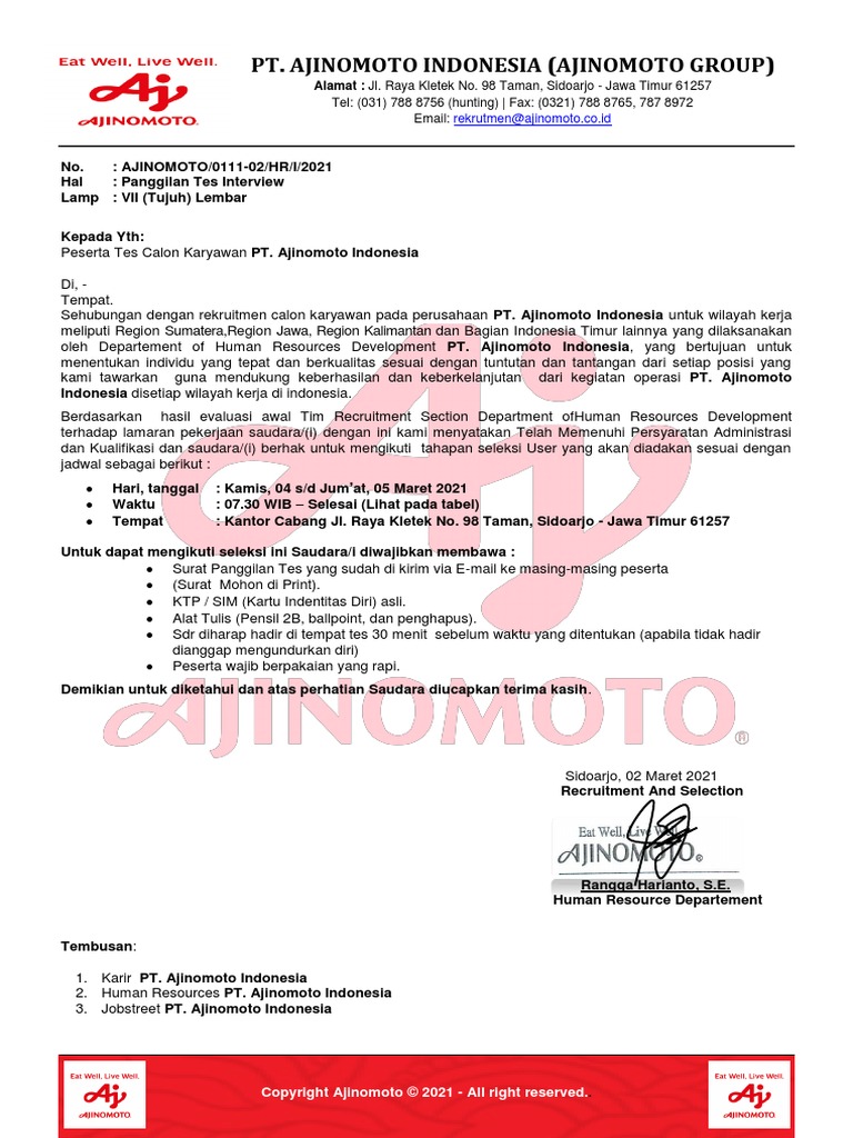 Lampiran Undangan Interview PT Ajinomoto Indonesia (Ajinomoto Group ...