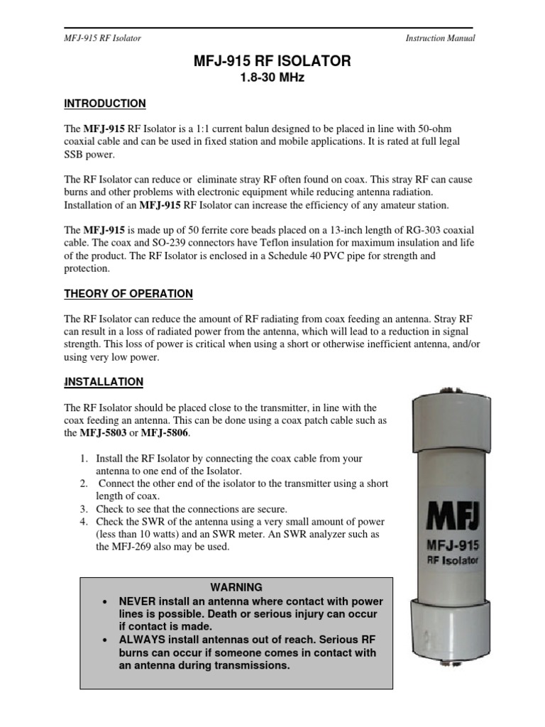 MFJ-915 RF Isolator Installation Guide | PDF
