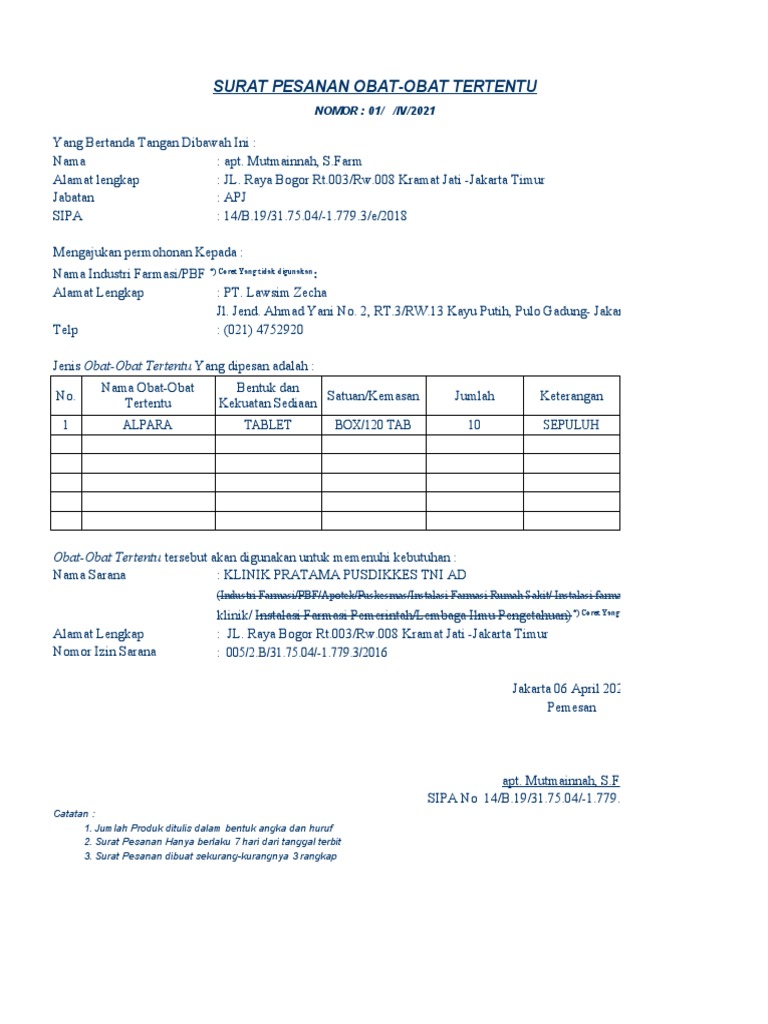 Form Surat Pesanan Obat Obat Tertentu La | PDF