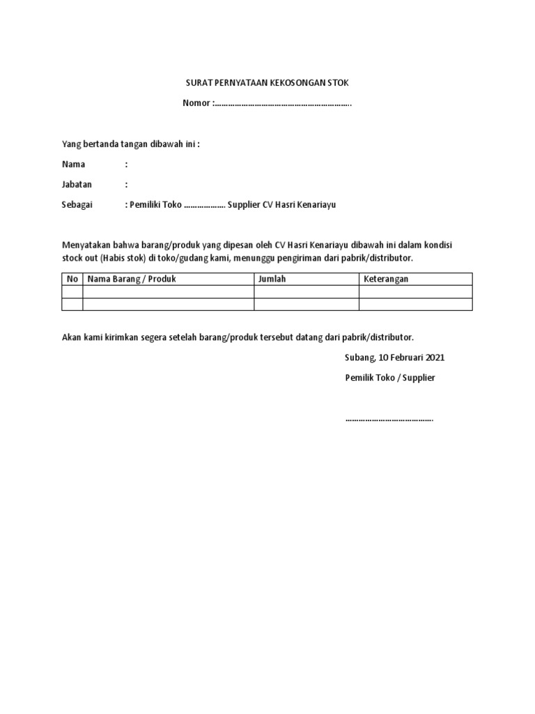 Surat Pernyataan Kekosongan Stok Pdf
