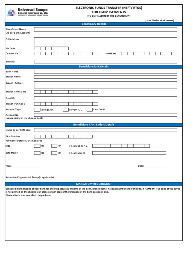 Electronic Funds Transfer (Neft/ RTGS) For Claim Payments: Beneficiary ...