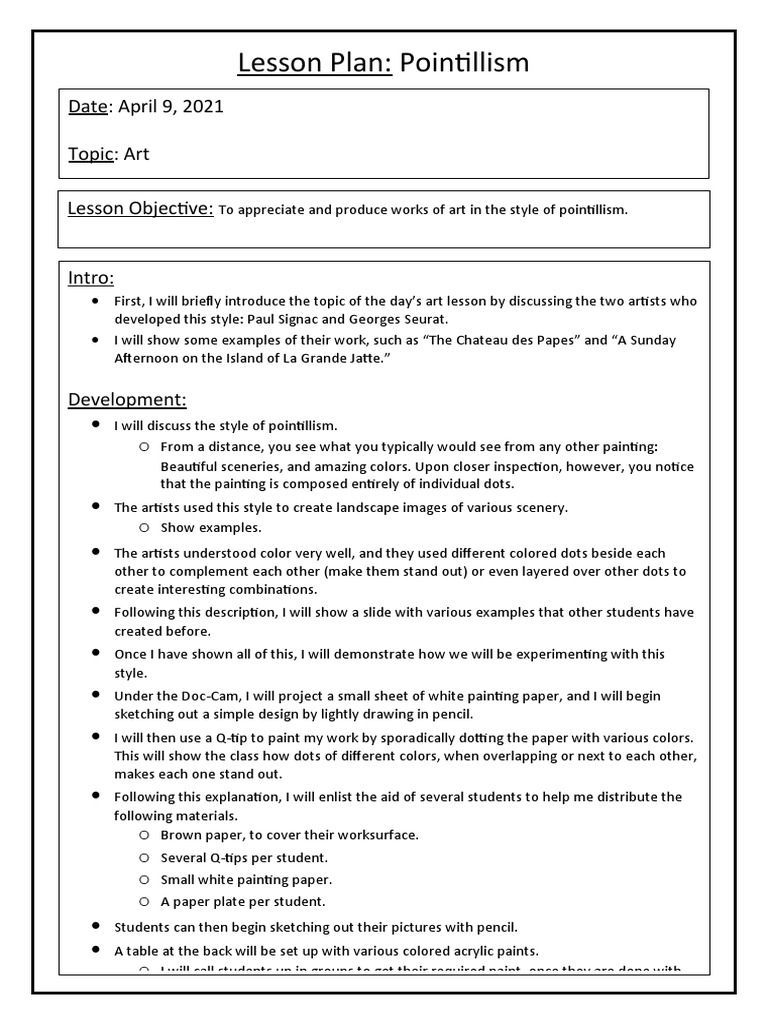 Lesson Plan Art - Pointillism April 9 | PDF