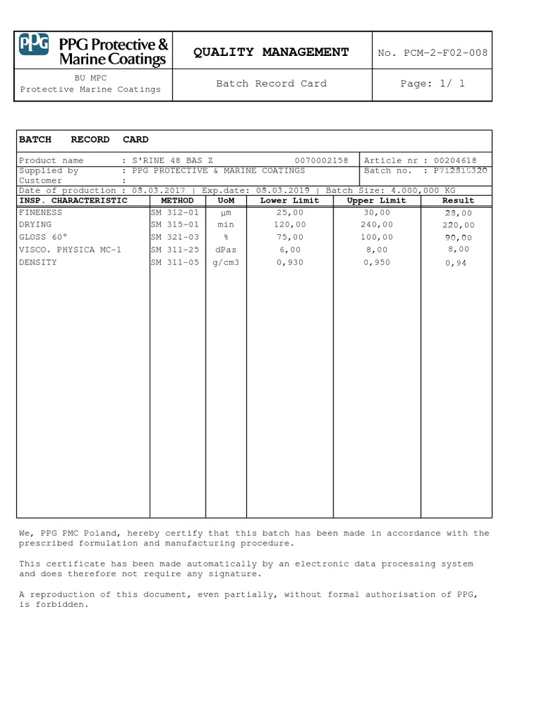 Quality Management: Batch Record Card | PDF