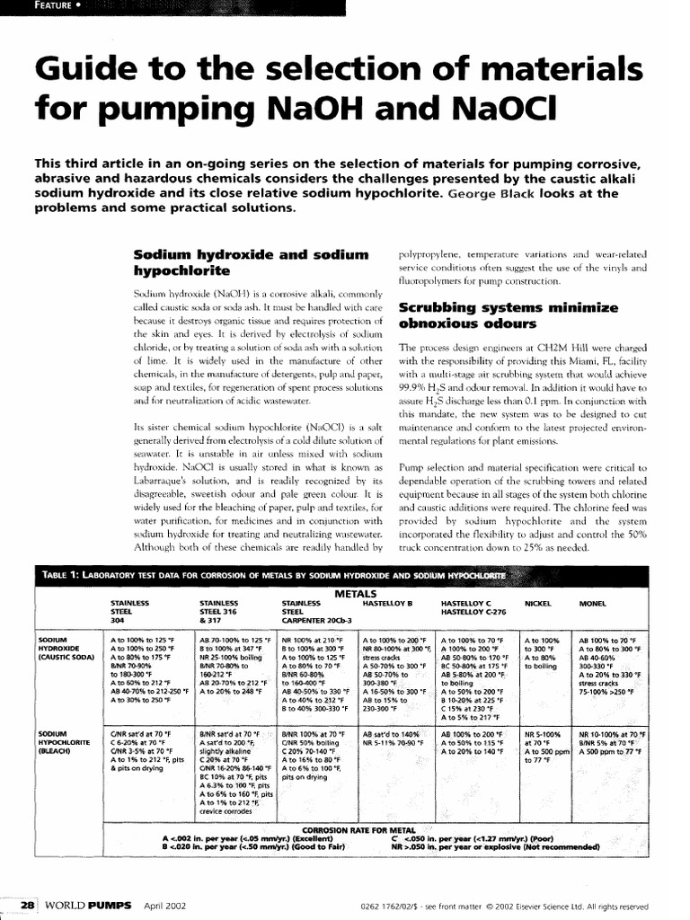 Guide To The Selection of Materials For Pumping Naoh and Naoci | PDF ...