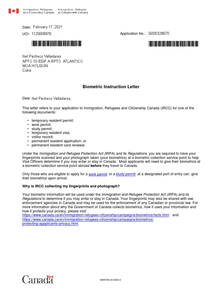 Biometric Instruction Letter: Study Permit Work Permit | PDF | Human ...