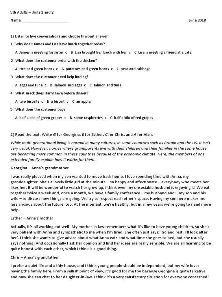 Test English File Intermediate Units 1 and 2 | PDF | Foods