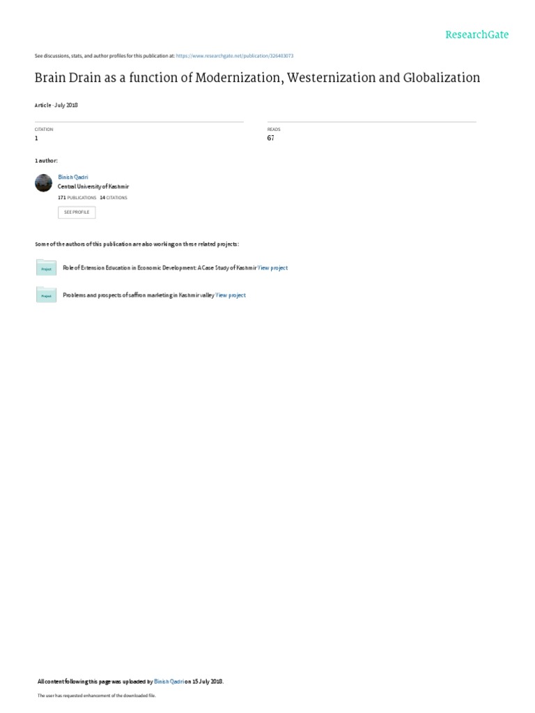 Brain Drain As A Function of Modernization, Westernization and Globalization | PDF