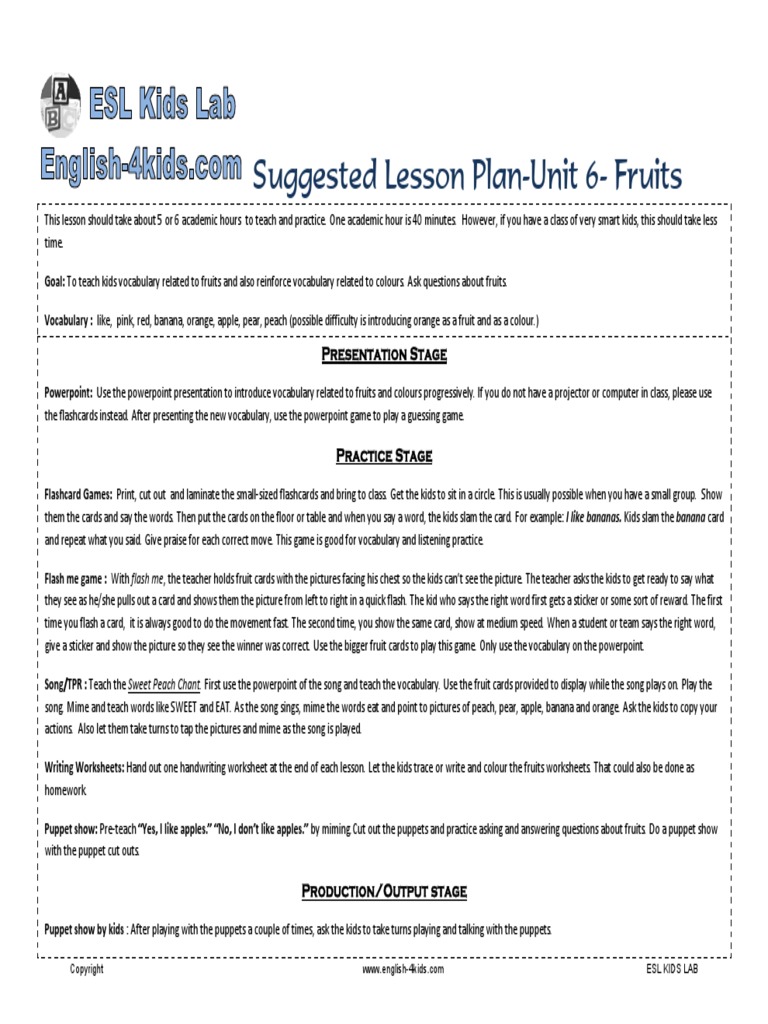 Suggested Lesson Plan-Unit 6-Fruits: Presentation Stage | PDF | Vocabulary