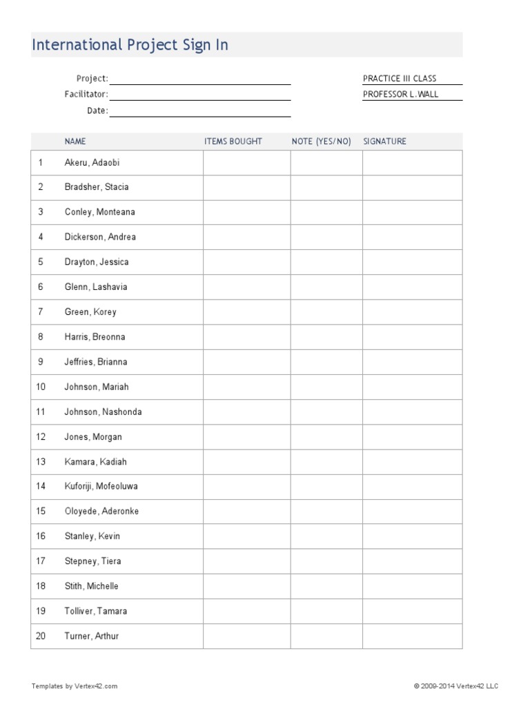 International Project Sign In: Name Items Bought Note (Yes/No ...
