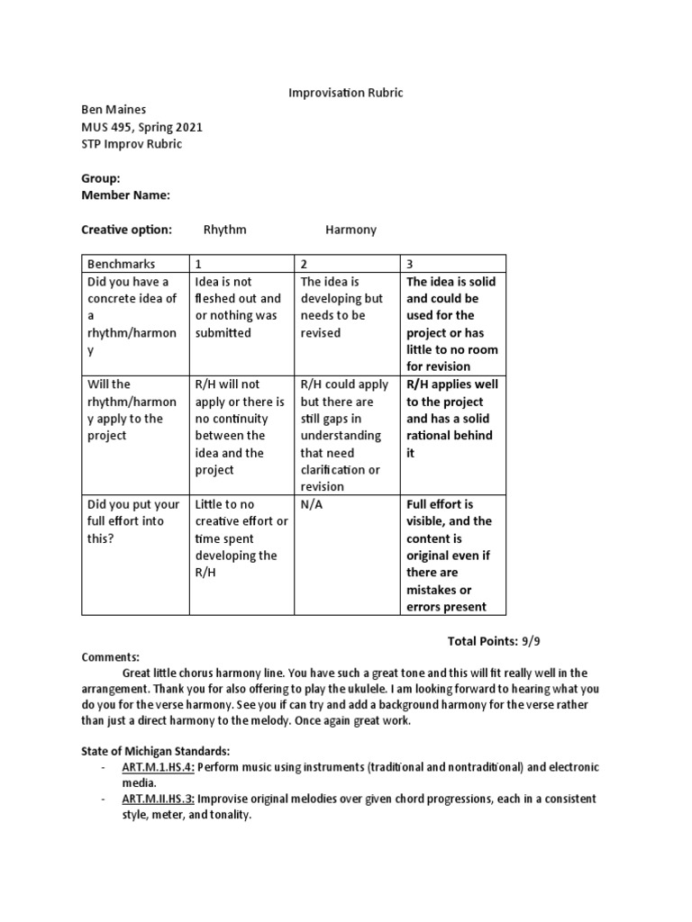 Improvisation Rubric l3 s1 | PDF | Harmony | Song Structure