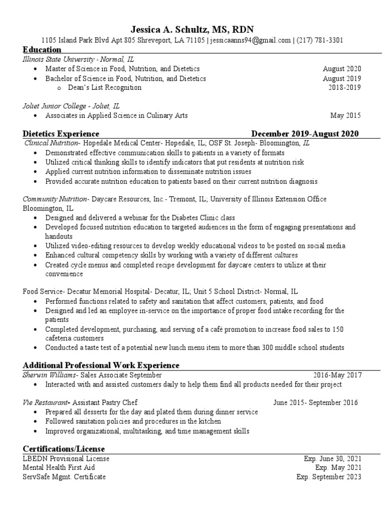 Jessica Schultz Resume | Download Free PDF | Dietitian | Menu