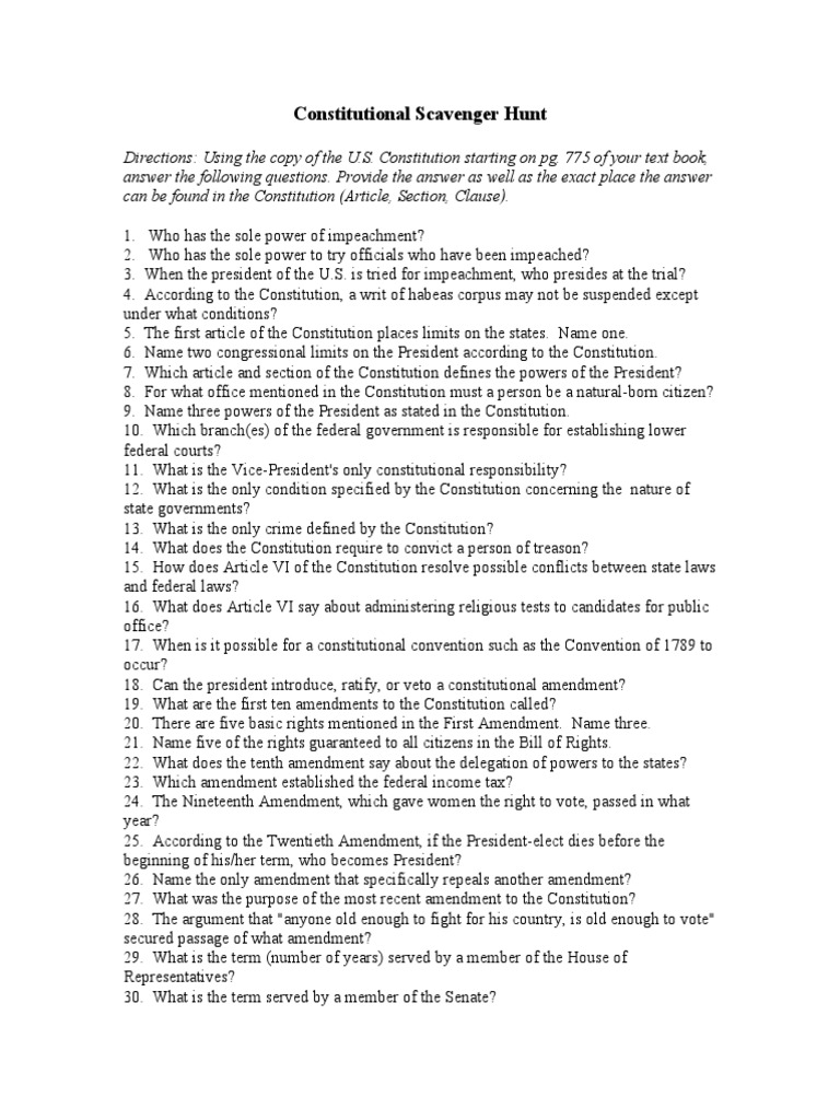 Constitutional Scavenger Hunt Answers | PDF | Article One Of The United ...