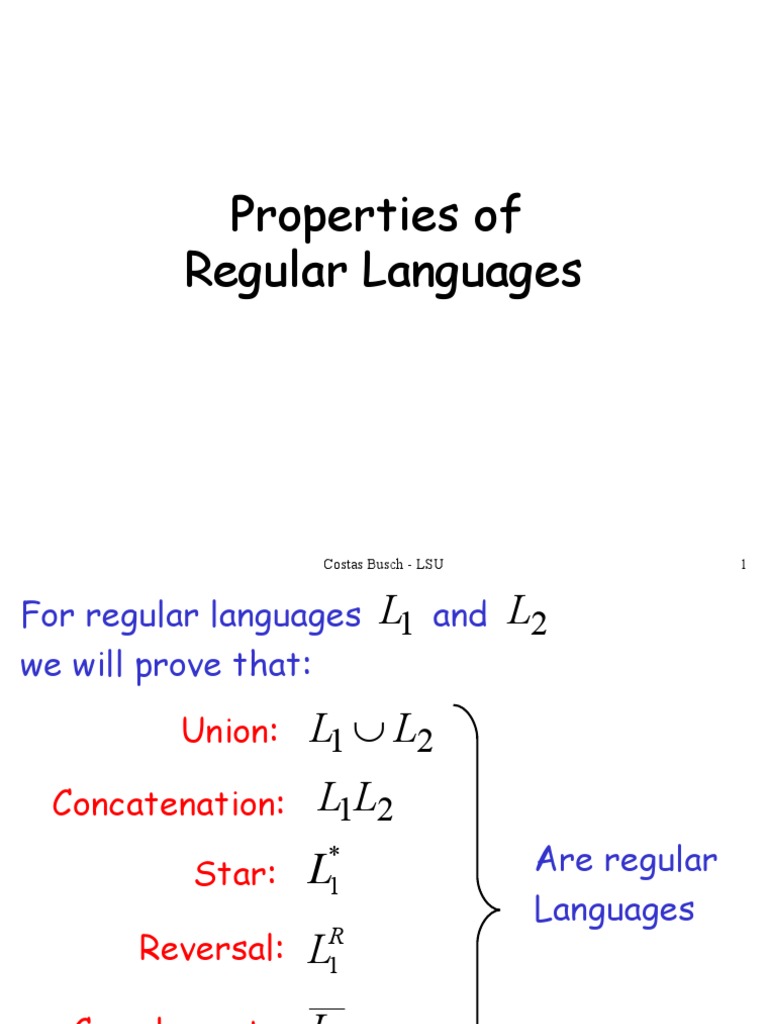 Properties of Regular Languages: Costas Busch - LSU 1 | PDF | Metalogic | Syntax (Logic)
