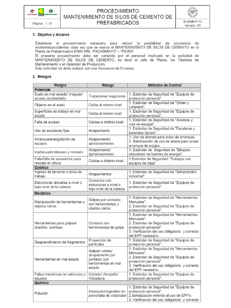PROCEDIMIENTO MANTENIMIENTO DE SILOS DE CEMENTO DE PREFABRICADOS - PDF ...