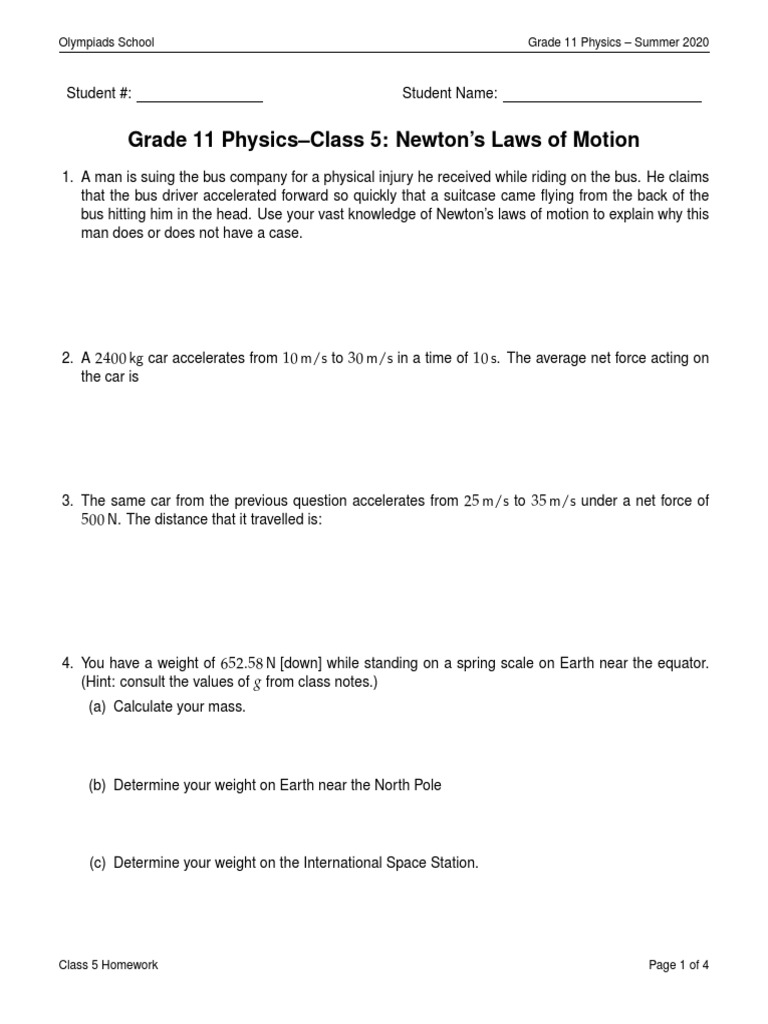 Grade 11 Physics-Class 5: Newton's Laws of Motion | PDF