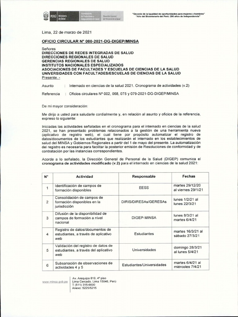 Cronograma Internado Ciencias Salud 2021 | PDF