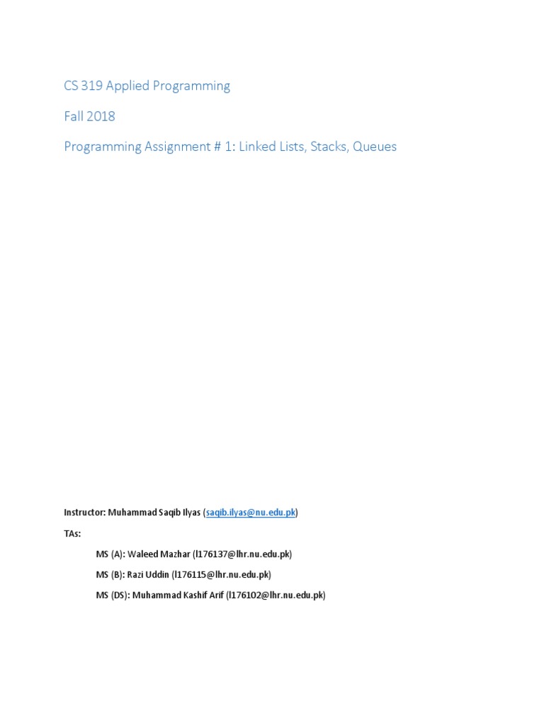 Cs 319 Applied Programming Fall 2018 Programming Assignment 1 Linked