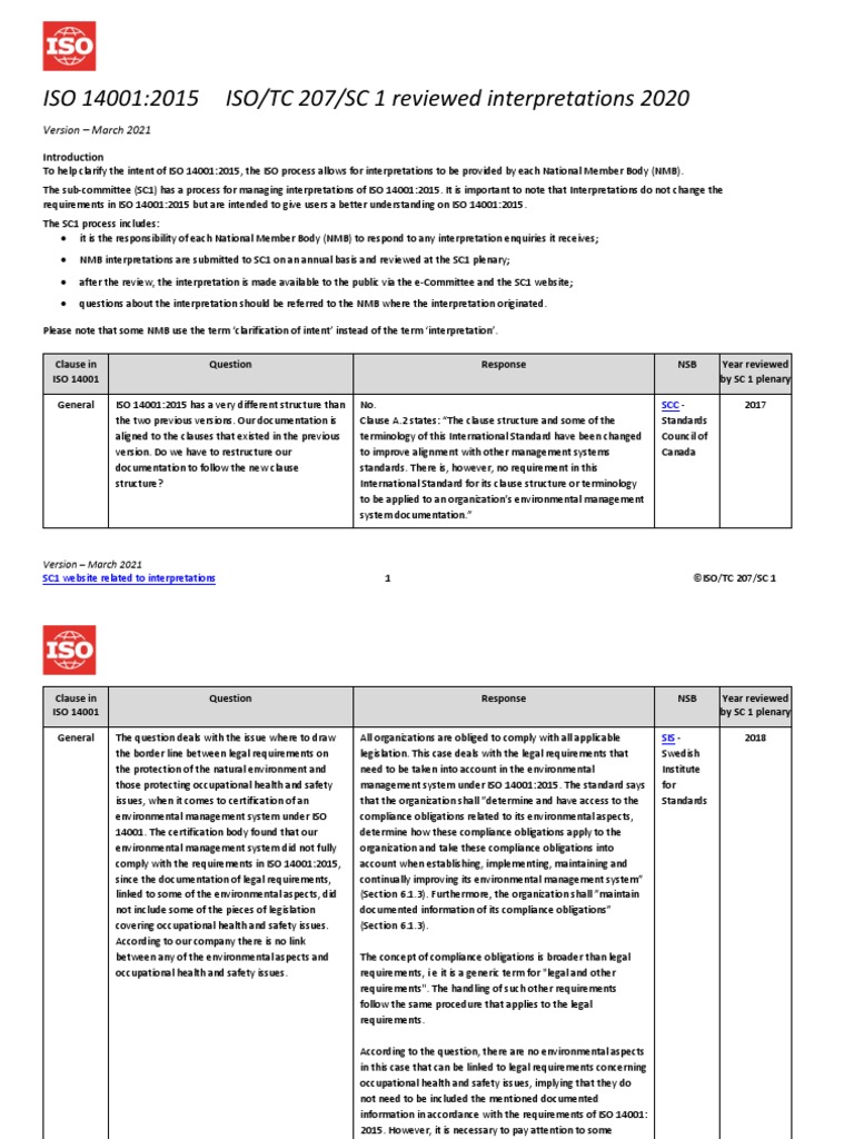 ISO 14001:2015 ISO/TC 207/SC 1 Reviewed Interpretations 2020 | PDF | International Organization ...