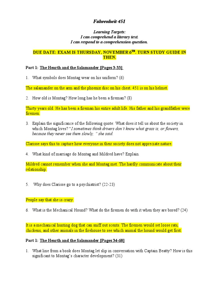 Fahrenheit 451 Comprehension Questions ANSWER KEY | PDF