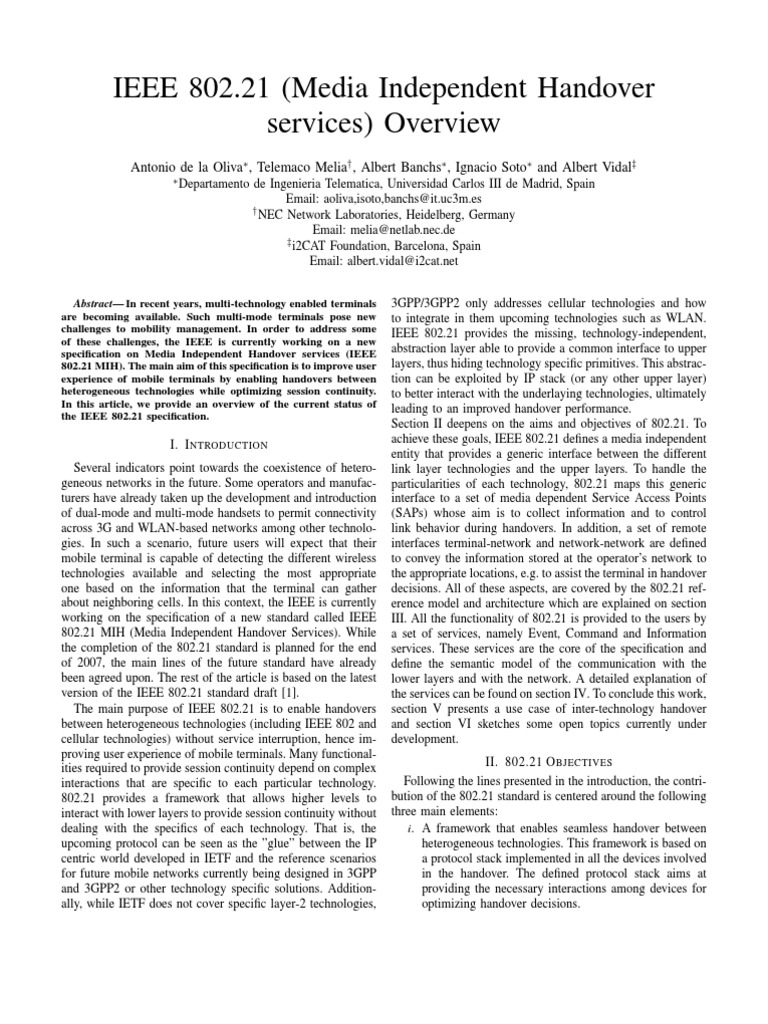 IEEE 802.21 (Media Independent Handover Services) Overview | PDF ...