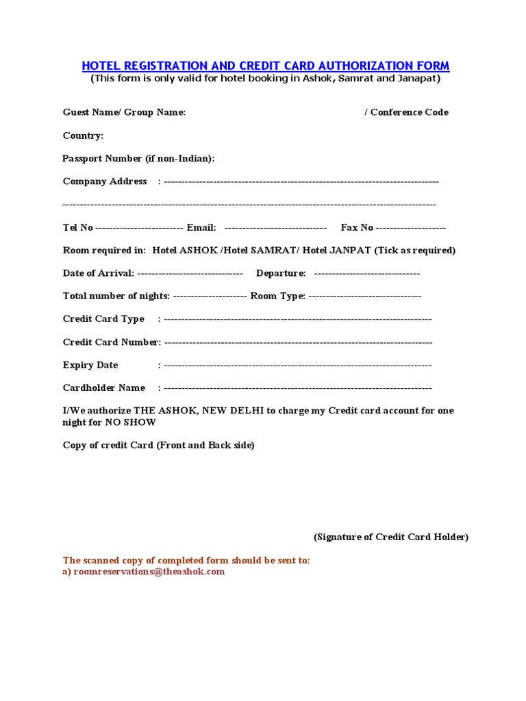 Hotel Registration and Credit Card Authorization Form | PDF