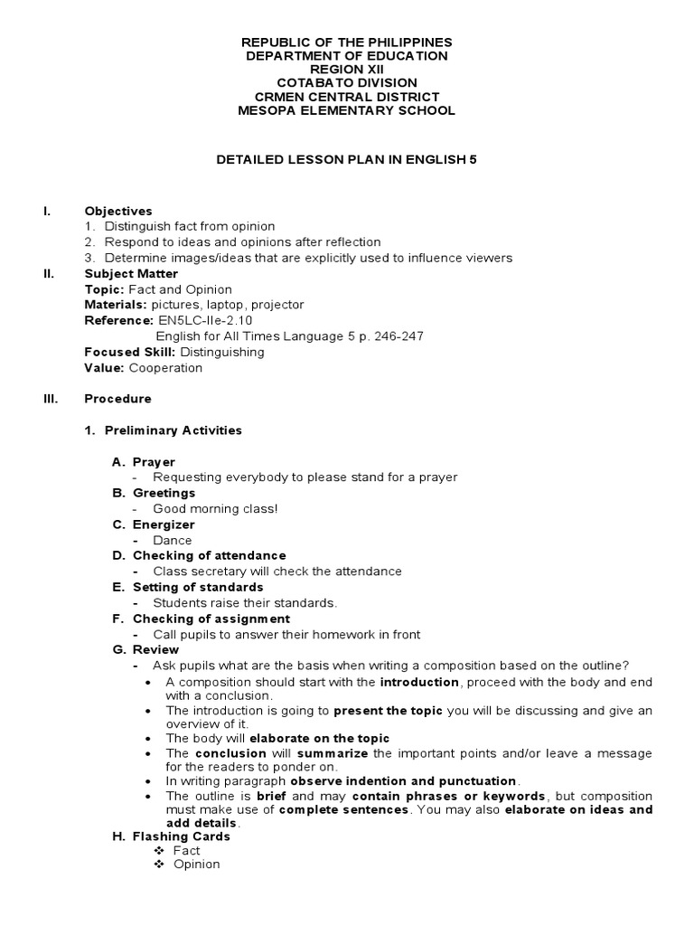 Distinguishing Fact from Opinion: A Lesson Plan for English 5 | PDF ...