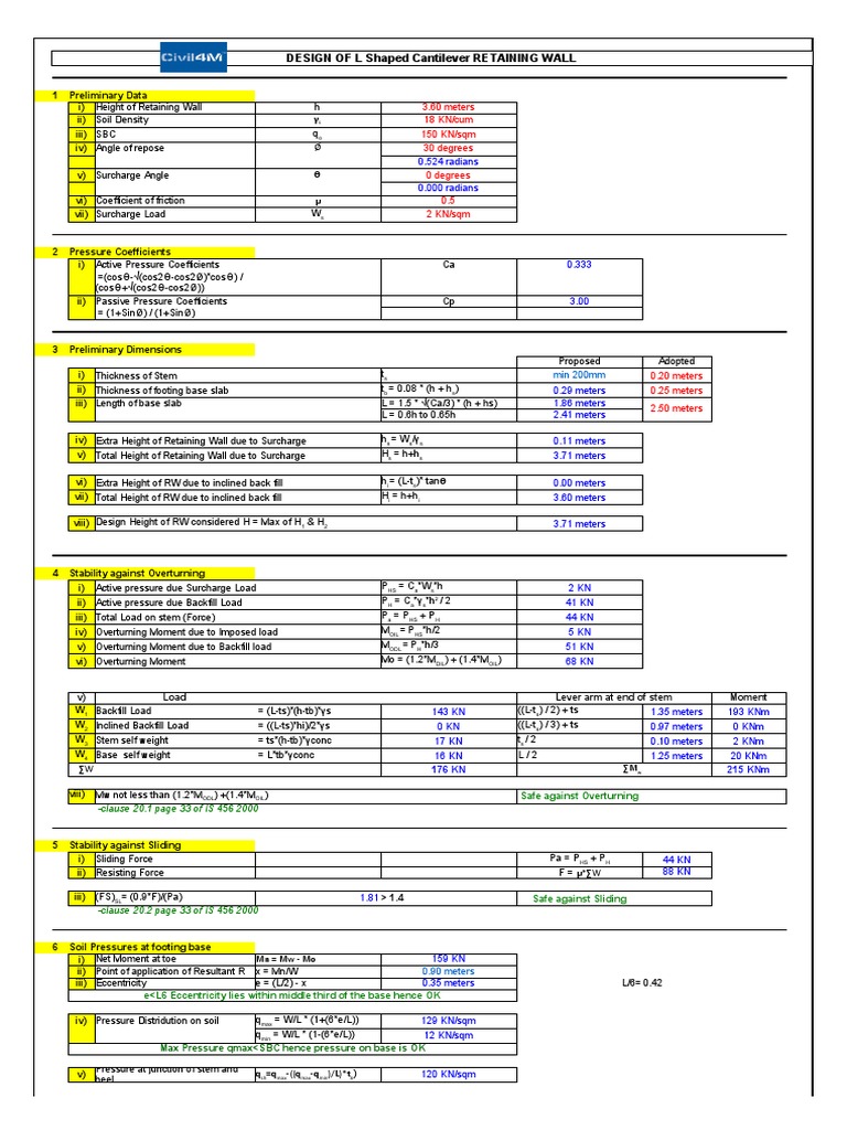 Design of L Shaped Cantilever Retaining Wall | PDF