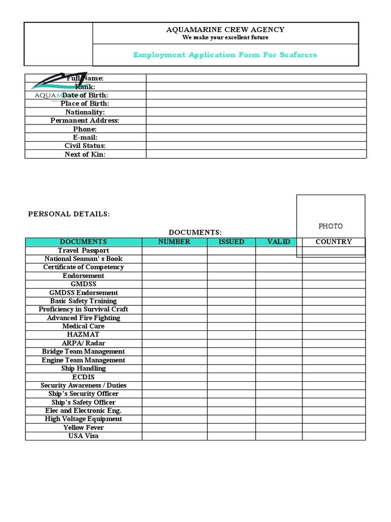 Seafarer Employment Application Form | PDF | Oil Tanker | Sailor