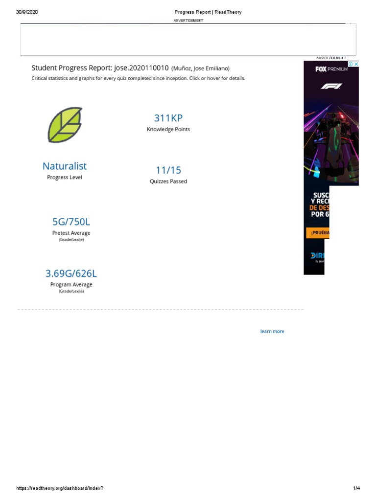 Progress Report - ReadTheory 30.09.2020 | PDF | Quiz | Educational ...
