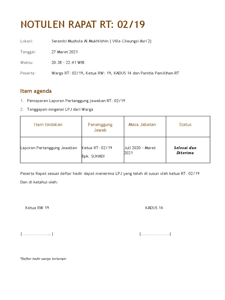 Notulen Rapat RT 02/19 Maret 2021 | PDF