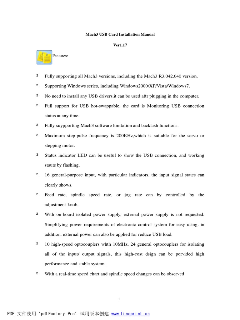 Features:: Mach3 USB Card Installation Manual | PDF