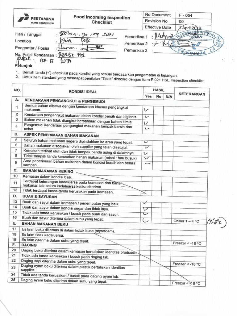 Chiller Food Incoming Inspection Checklist (20!04!2021) | PDF