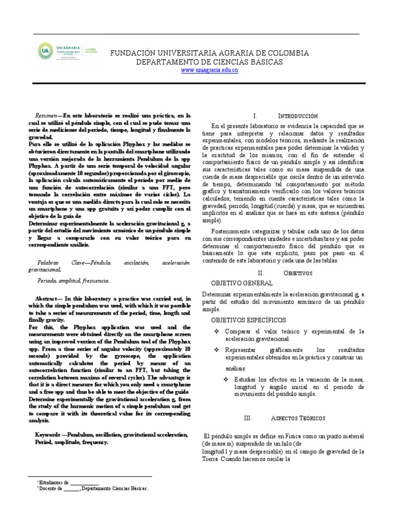 Medición de gravedad con péndulo y Phyphox | PDF | Métodos y materiales ...