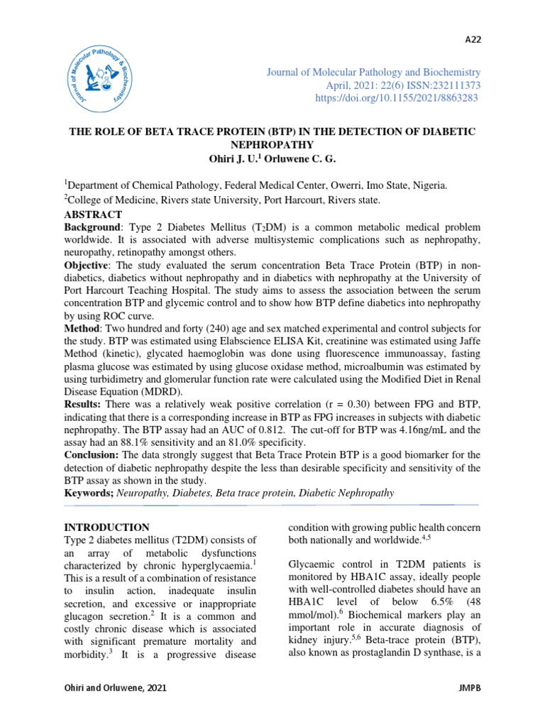 Beta Trace Protein in Diabetic Nephropathy | PDF | Wellness | Science ...