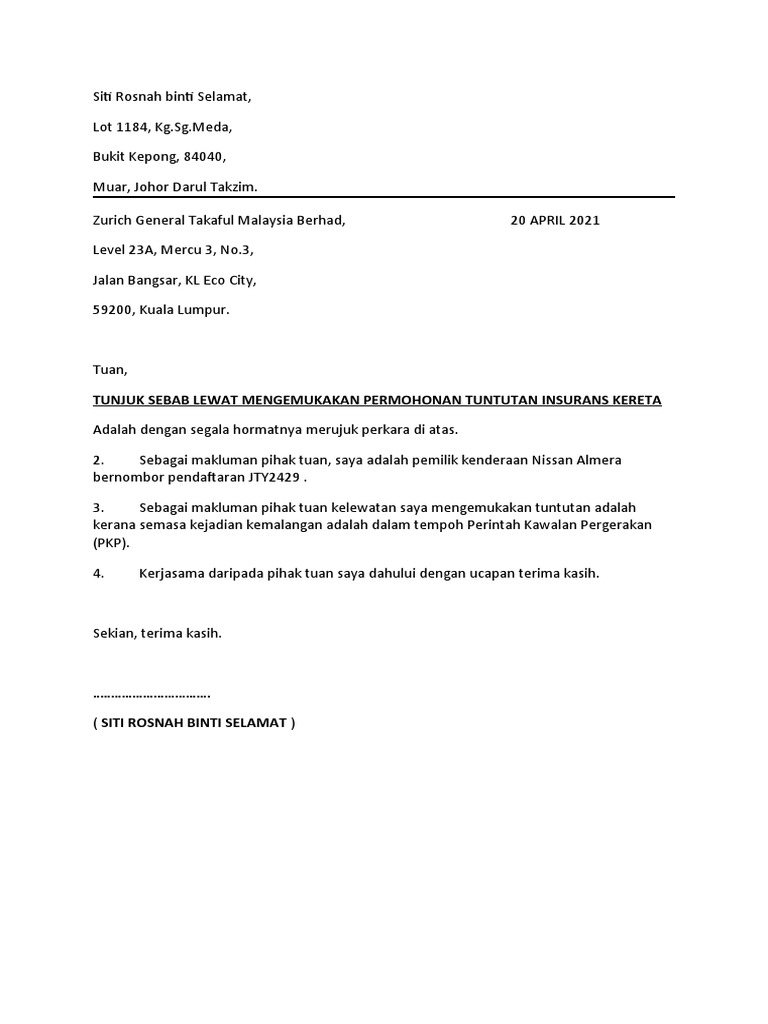 Surat Tunjuk Sebab Lewat Claim Insuran | PDF