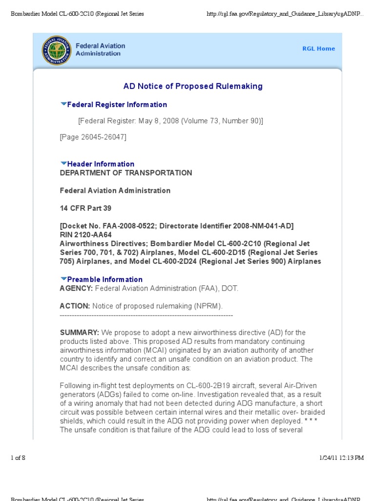 Airworthiness Directive Bombardier/Canadair 080508 | Download Free PDF ...