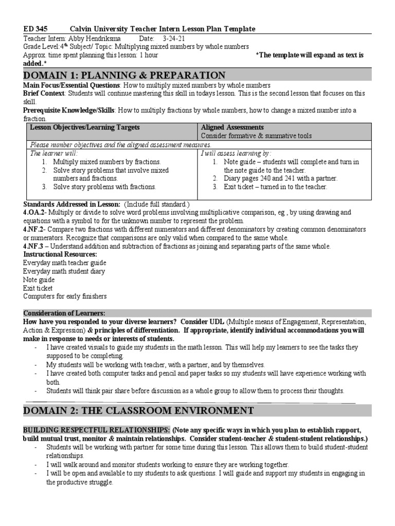 Domain 1: Planning & Preparation: ED 345 Calvin University Teacher ...