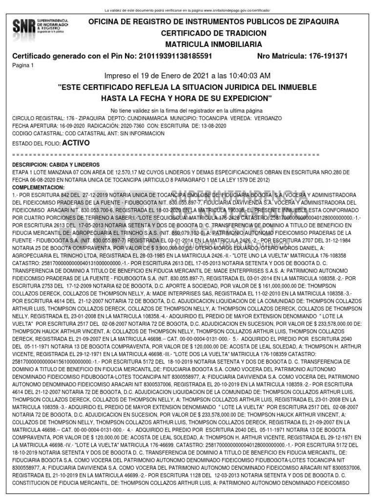 Certificado Jurídico Inmueble Tocancipá | PDF | Ley de fideicomiso ...