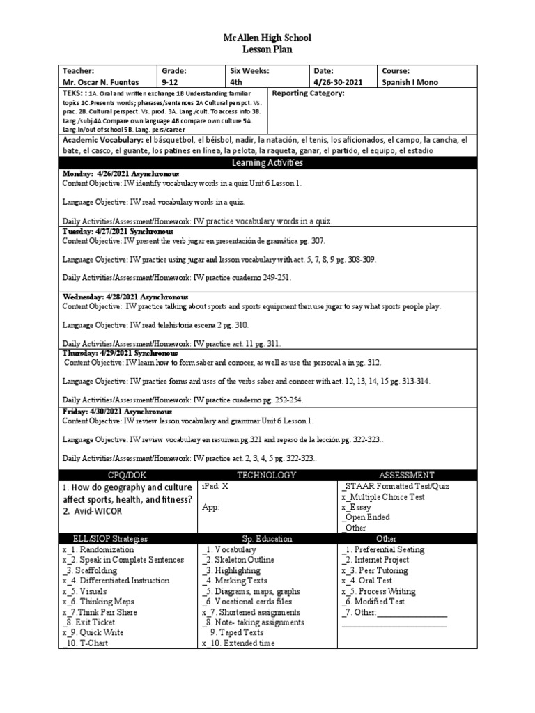 Spanish I Lesson Plan Focusing on Sports Vocabulary, Verbs like Jugar ...