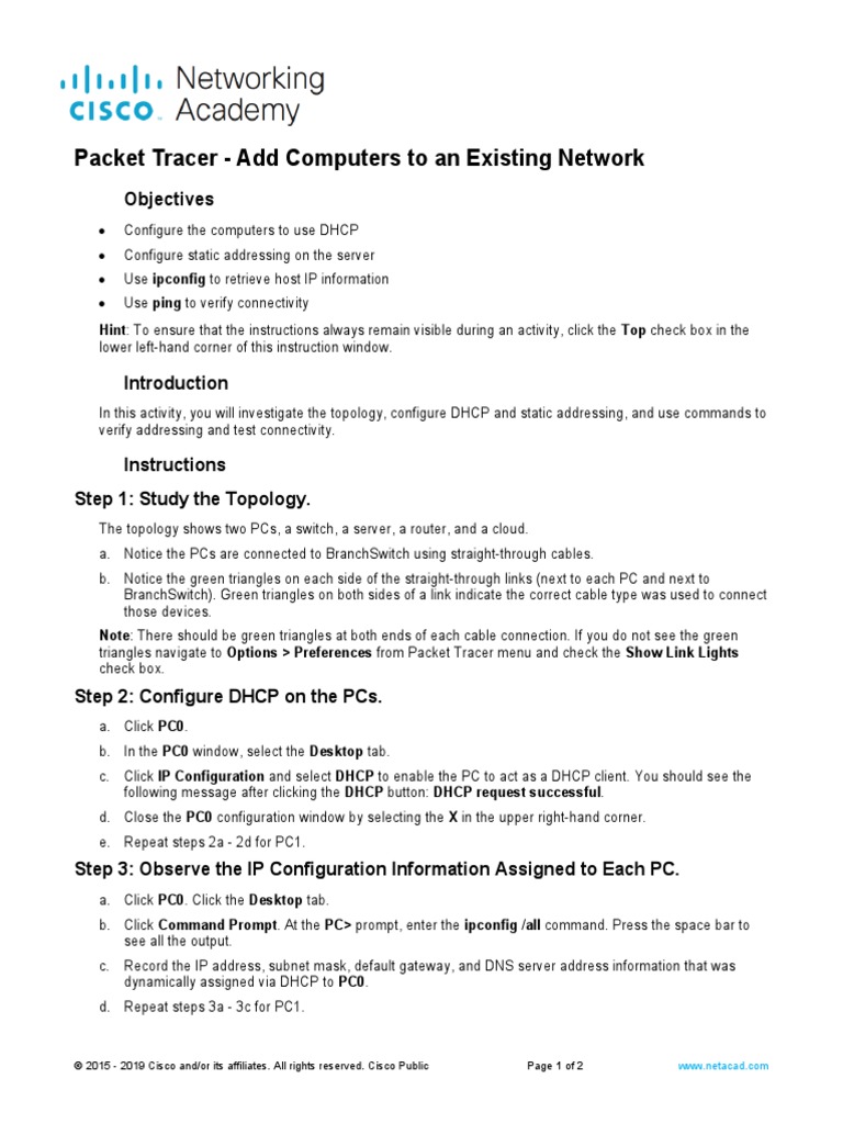 6.1.2.1 Packet Tracer - Add Computers To An Existing Network | PDF | Ip Address | Gateway ...