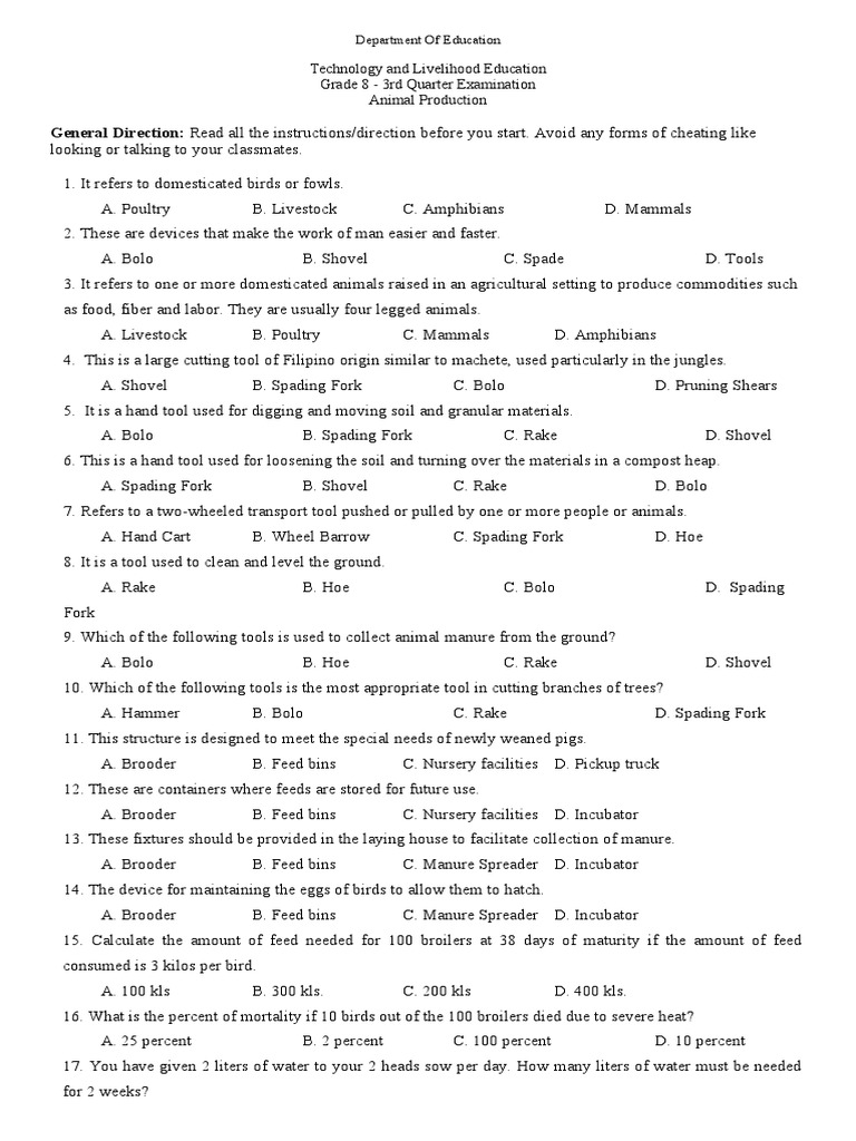 Grade 8 Animal Production Exam Guide | PDF | Home & Garden | Science ...