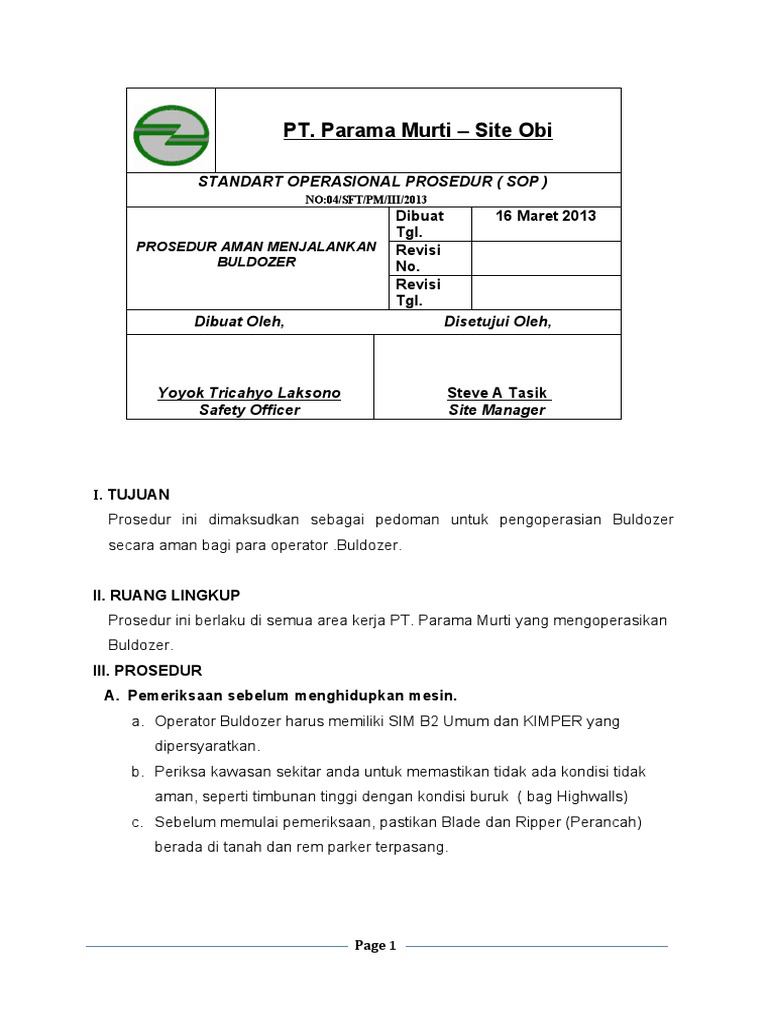 Prosedur Aman Operasi Buldozer PT Parama Murti | PDF