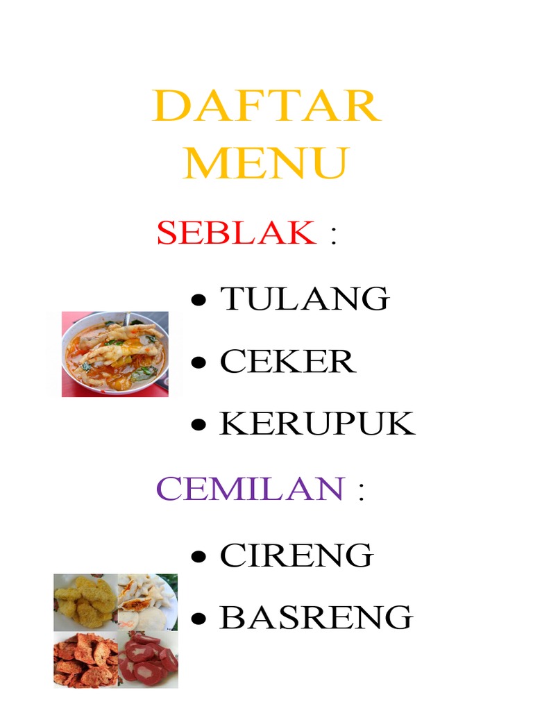 Daftar Menu Seblak | PDF
