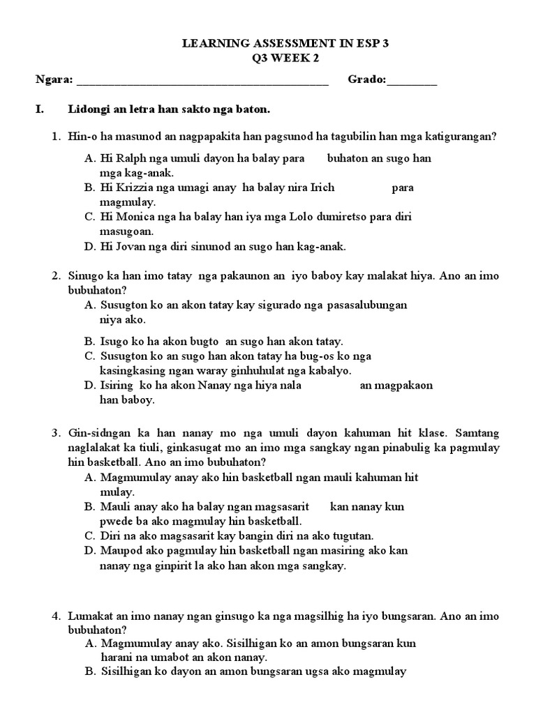 Learning Assessment in Esp 3 q3 w2 | PDF
